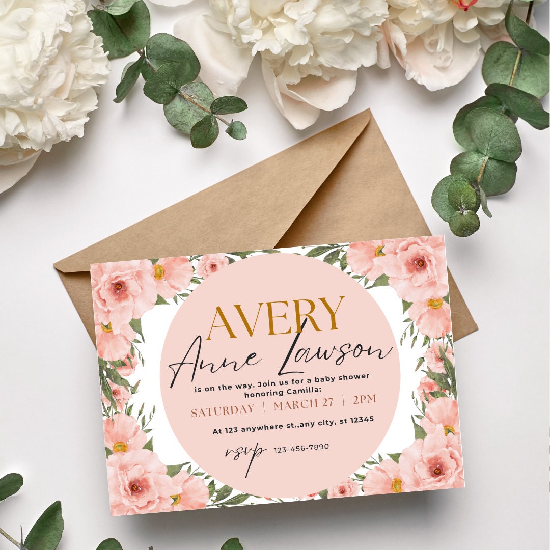 Editable Pink Floral Baby Shower Invitation Party Celebration Invite ...
