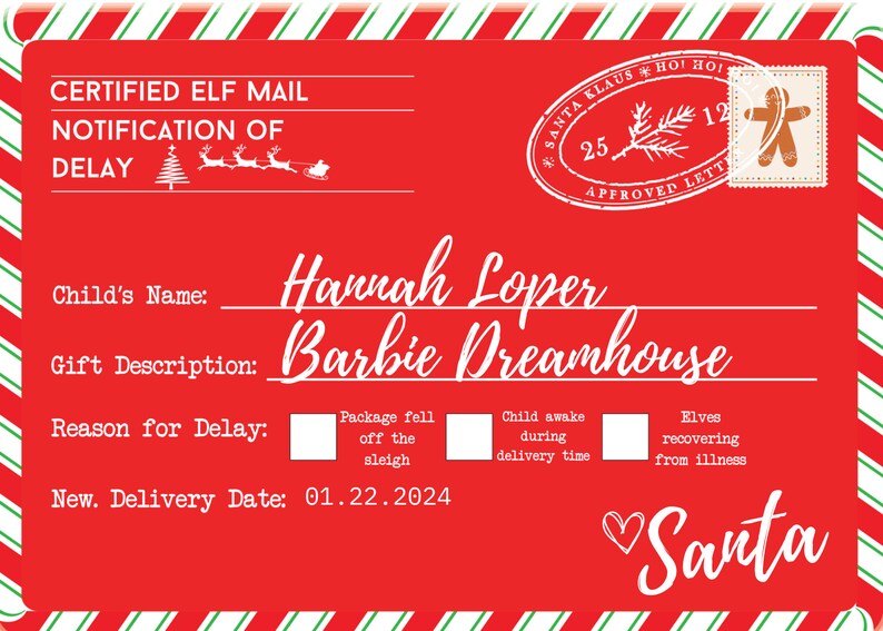 Editable Delayed Christmas Gift Postcard Printable Christmas Gift ...