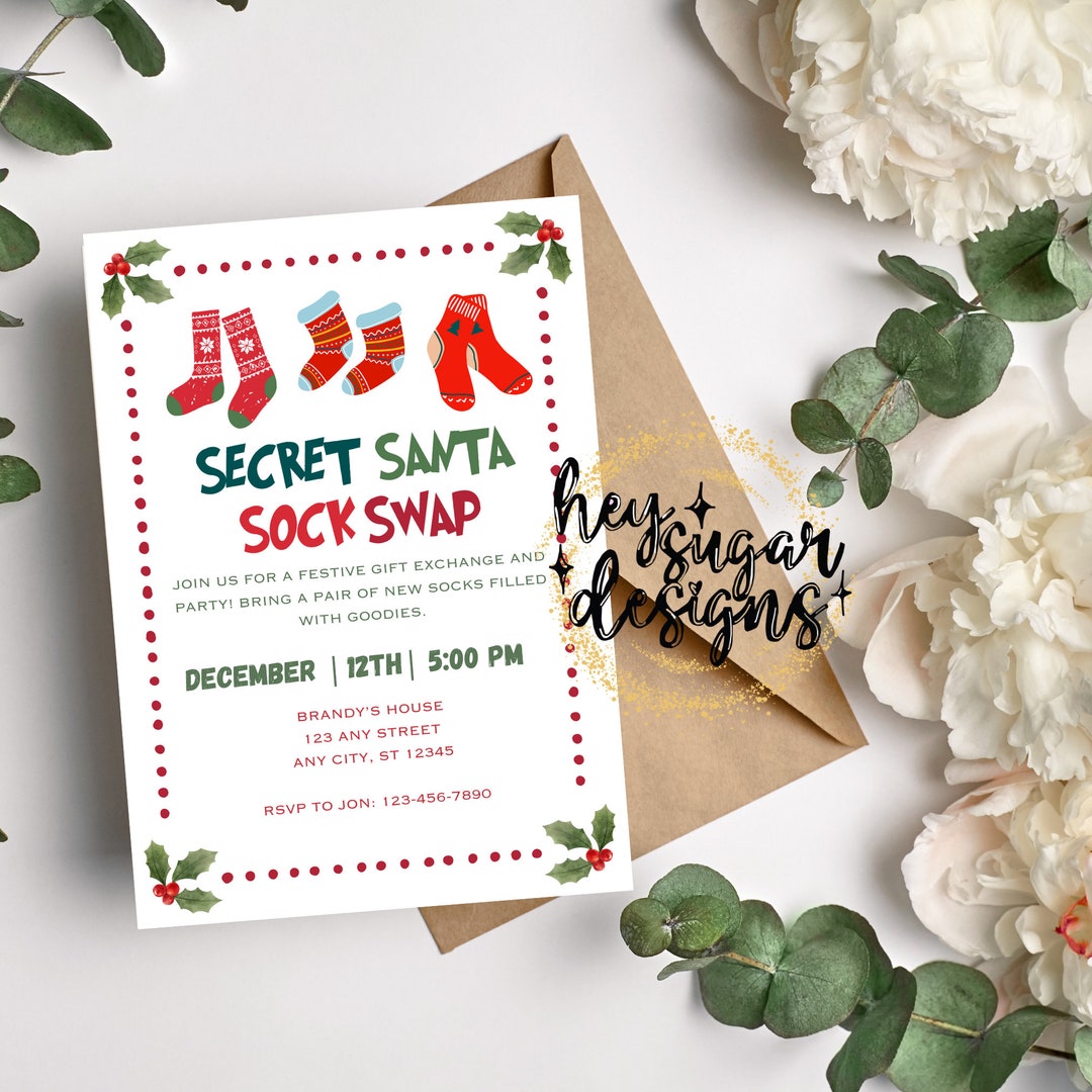 Secret Santa Sock Swap Editable Invitation Template, Christmas Party ...