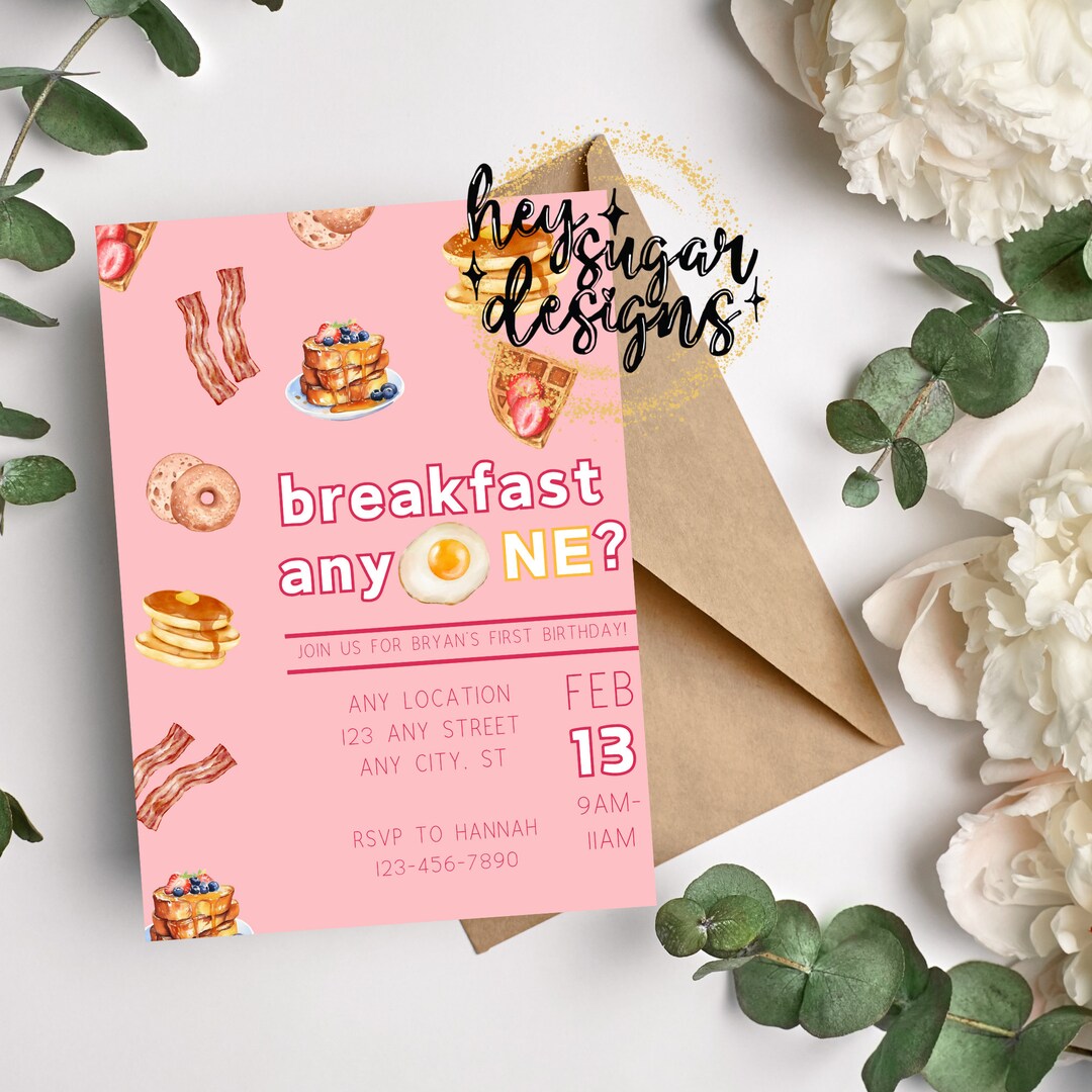 Editable Pink Breakfast Anyone Birthday Invitation Template, Birthday ...