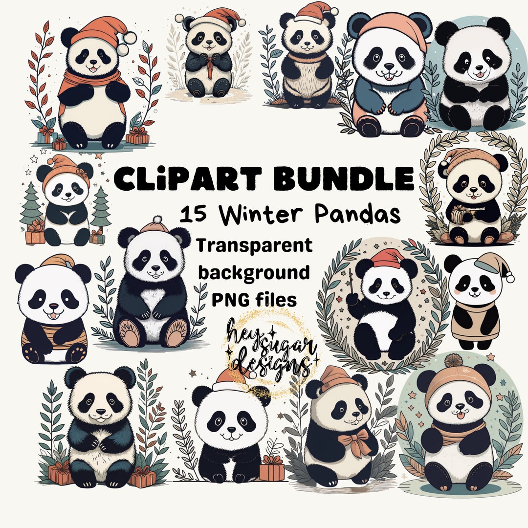 15 Winter Christmas Panda Bears Clipart Bundle, PNG Files, Transparent ...