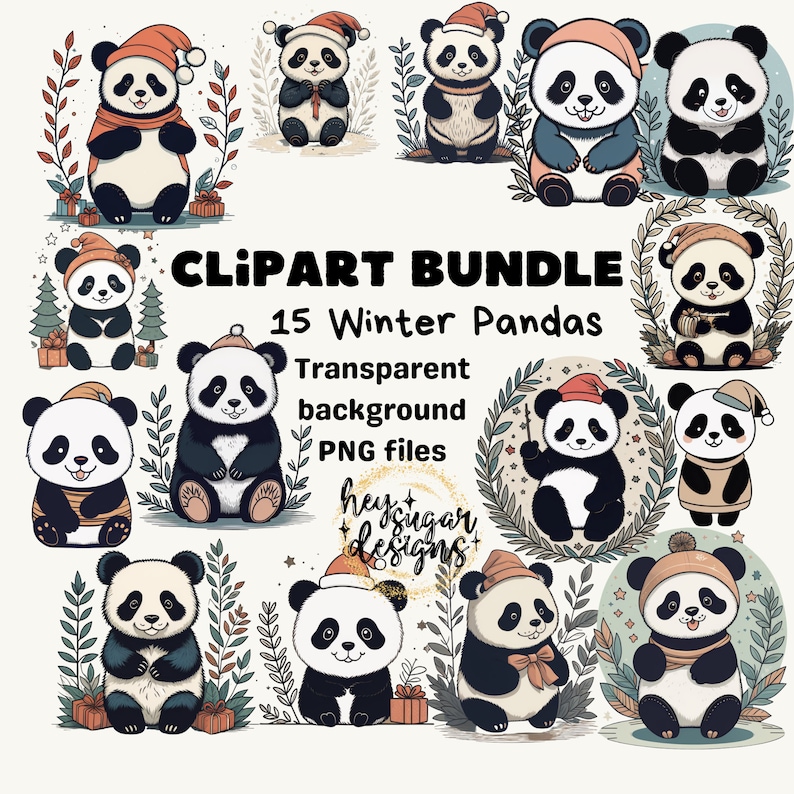 15 Winter Christmas Panda Bears Clipart Bundle, PNG Files, Transparent ...