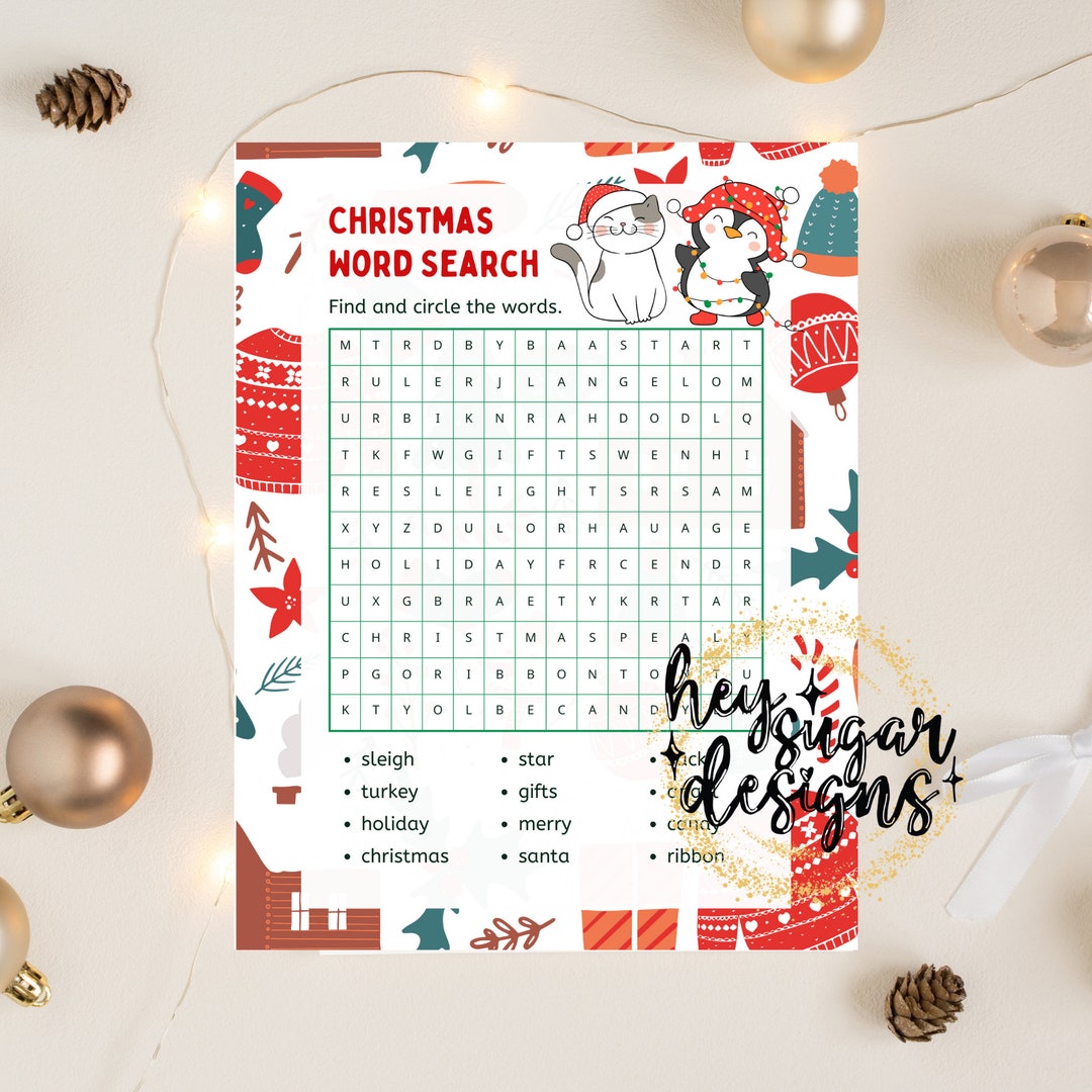 Christmas Word Search, Christmas Game, Printable Game, Puzzle, Cat ...