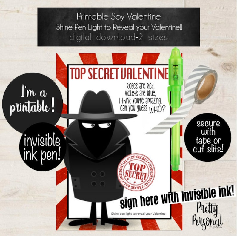 DIY Printable Spy Invisible Ink Pen Valentine Card (sugar Free) Fun! - Etsy