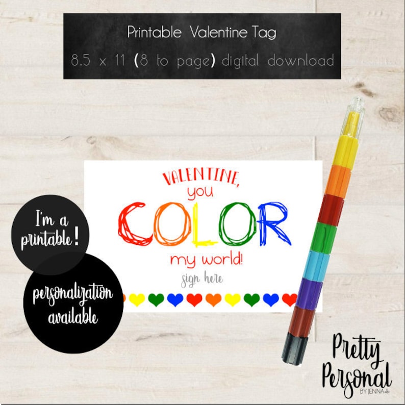 DIY Valentine you Color My World horozontal | Etsy