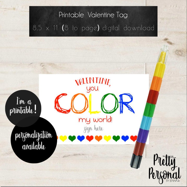 DIY Valentine you Color My World horozontal | Etsy