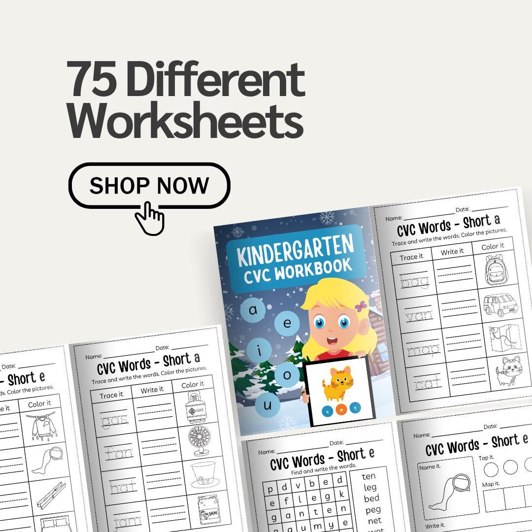 Kindergarten CVC Learning Worksheets | 75 Printable Pages for Early ...