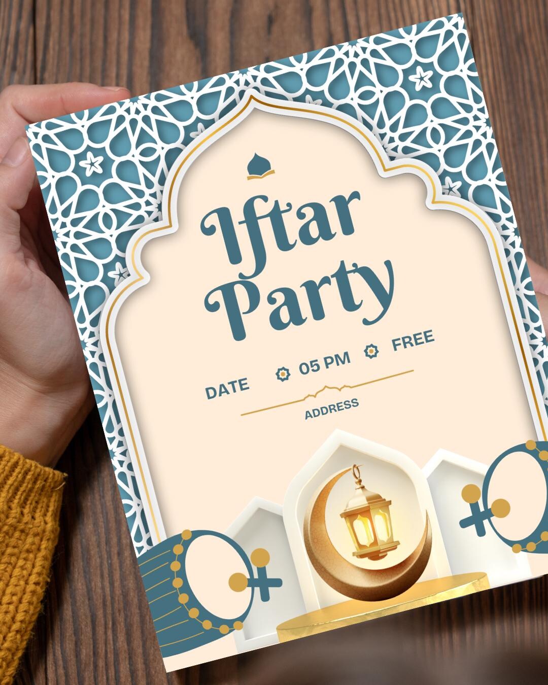 Ramadan Iftar Party Invitation Template | Editable PPTX | Blue, Cream & Gold Islamic Design ...