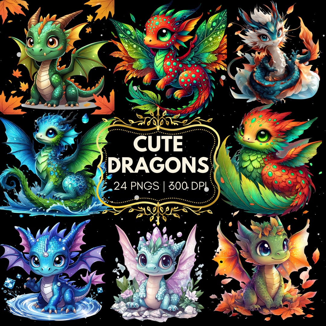 Cute Dragons Clipart PNG for Crafts and Sublimation Colorful Dragons ...