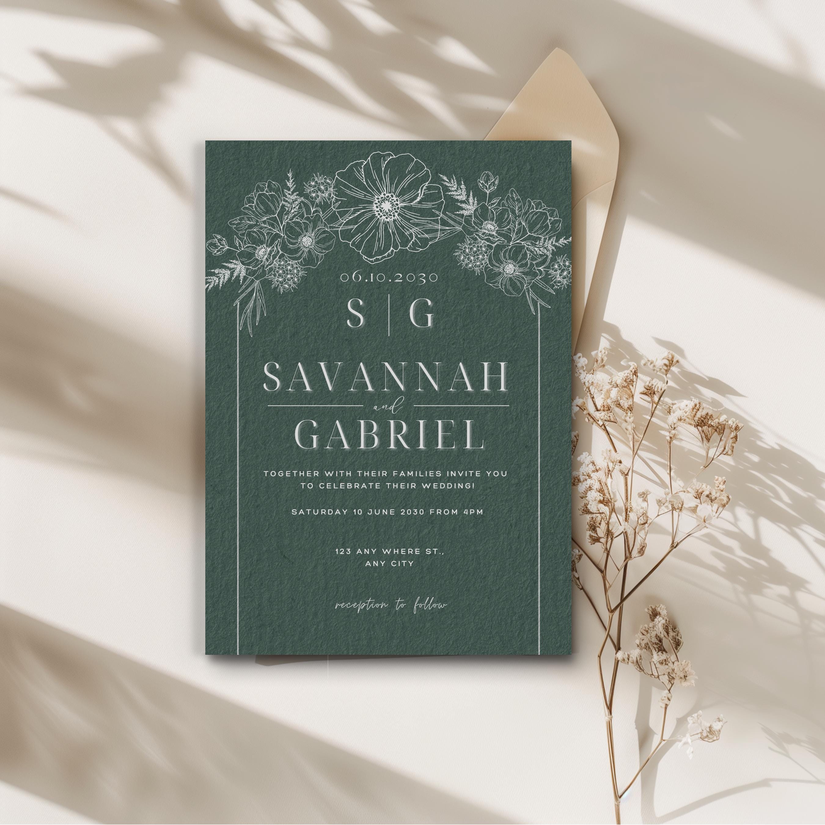 Sage Green Wedding Invitation With Rustic Floral Wedding Details ...