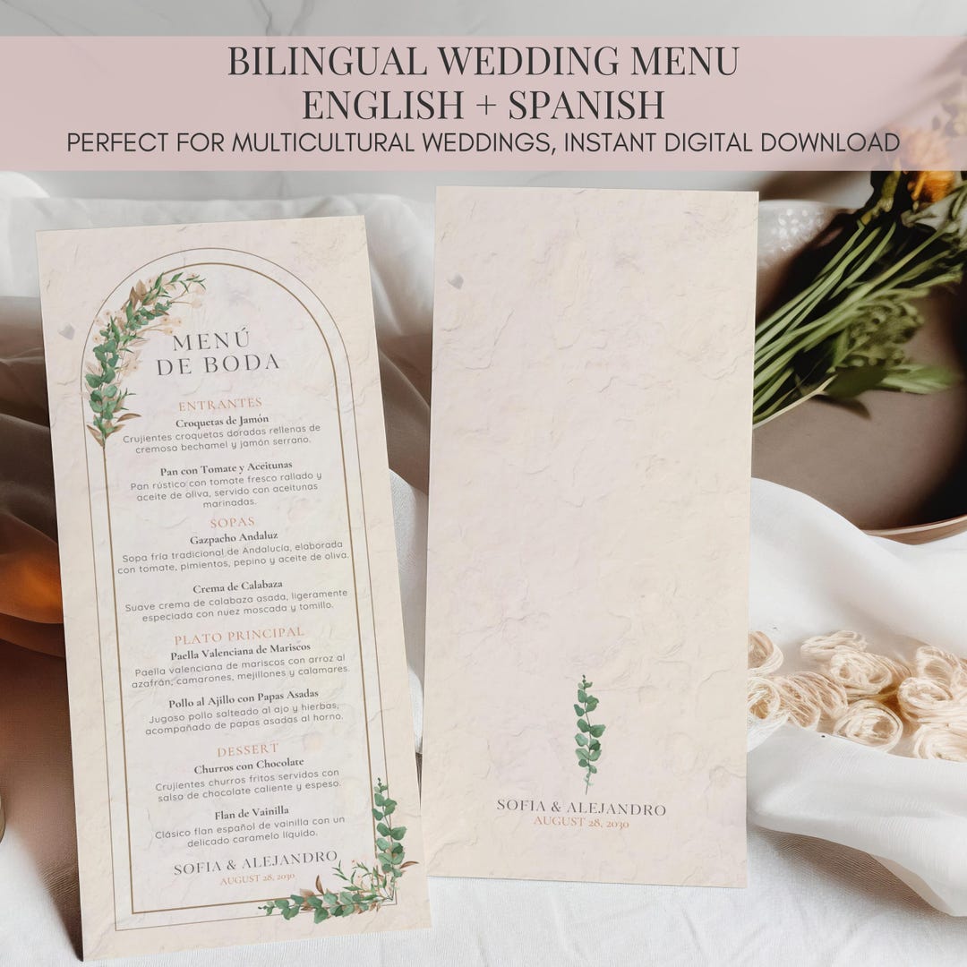 Bilingual Wedding Menu Template an English Spanish Wedding Menu Card ...