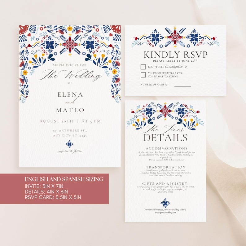 Wedding Invitation Template: Spanish & English - Colorful Tile Floral ...
