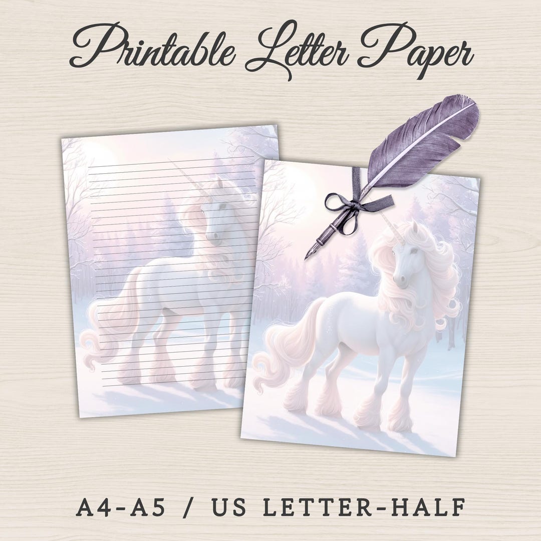Winter Unicorn Letter Paper | Fantasy Printable Stationery | Lined and ...