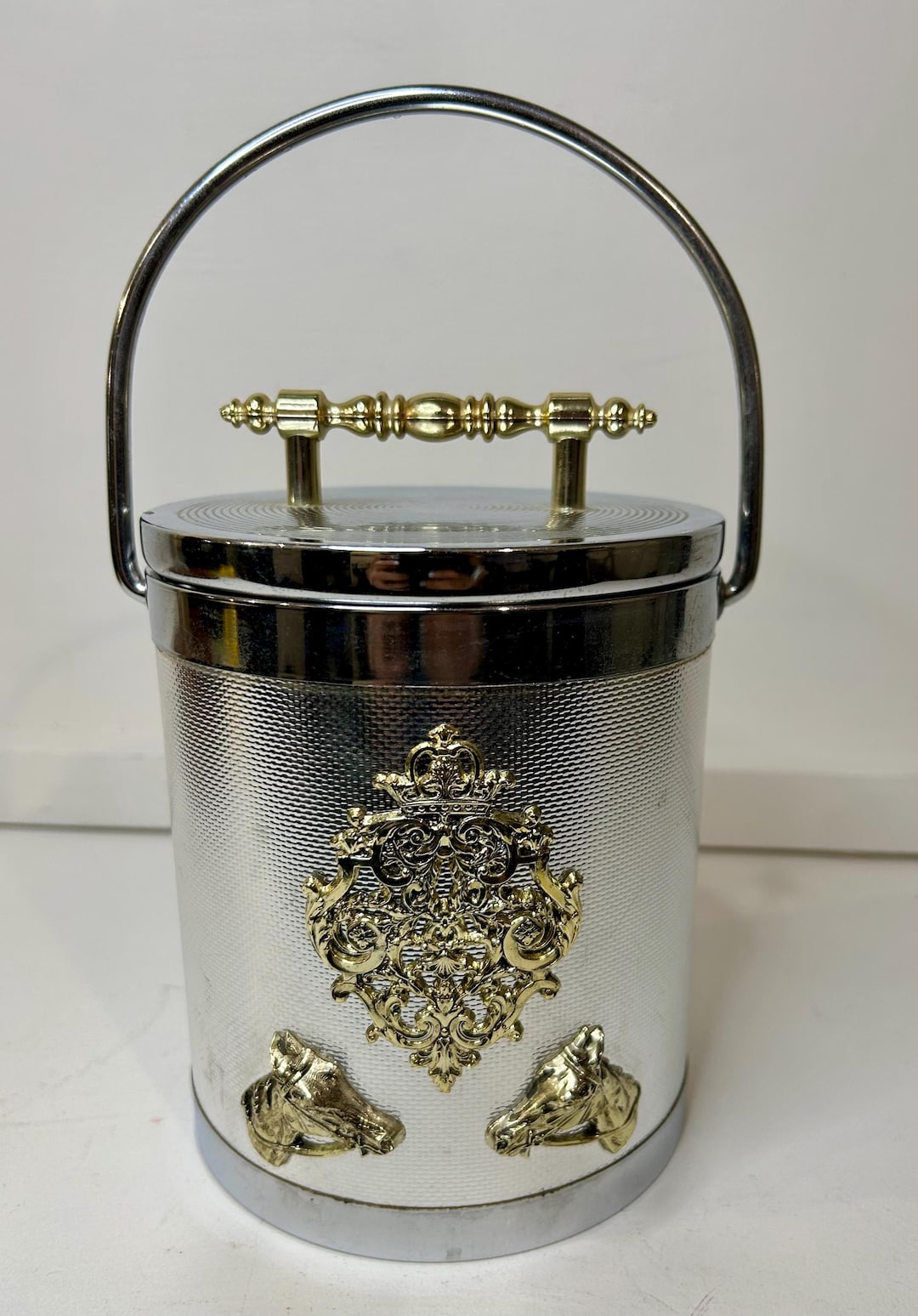 Vintage Chrome Ice Bucket W/ Handle, Crest & Horse Design, 6.5 H, Made ...