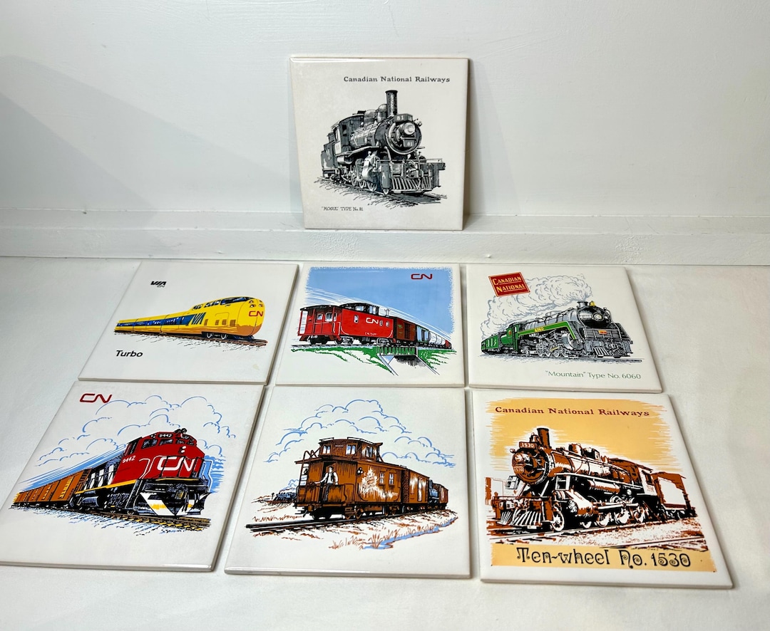 Lot of 7 Vintage CN Rail Tiles Trains Locomotives Original Design by ...