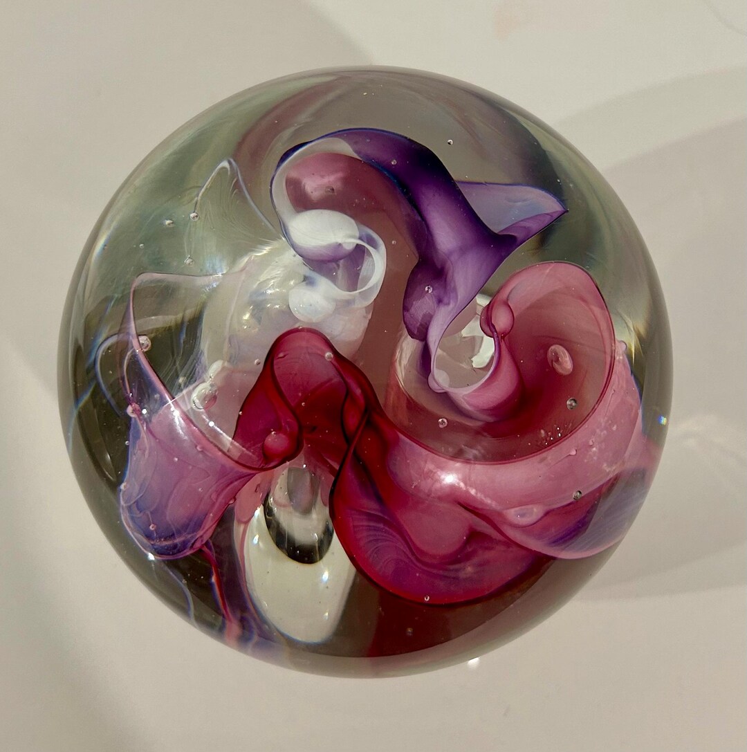 S. Kitras Pink Purple & White Art Glass Paperweight Globe Signed, 1992 ...