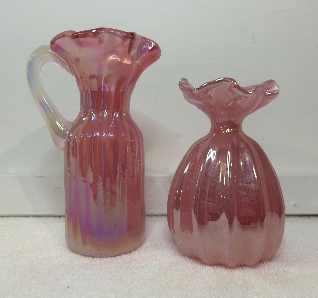 Vintage Pink Opaline Jug & Ruffled Top Vase, Iridescent Hand-blown ...