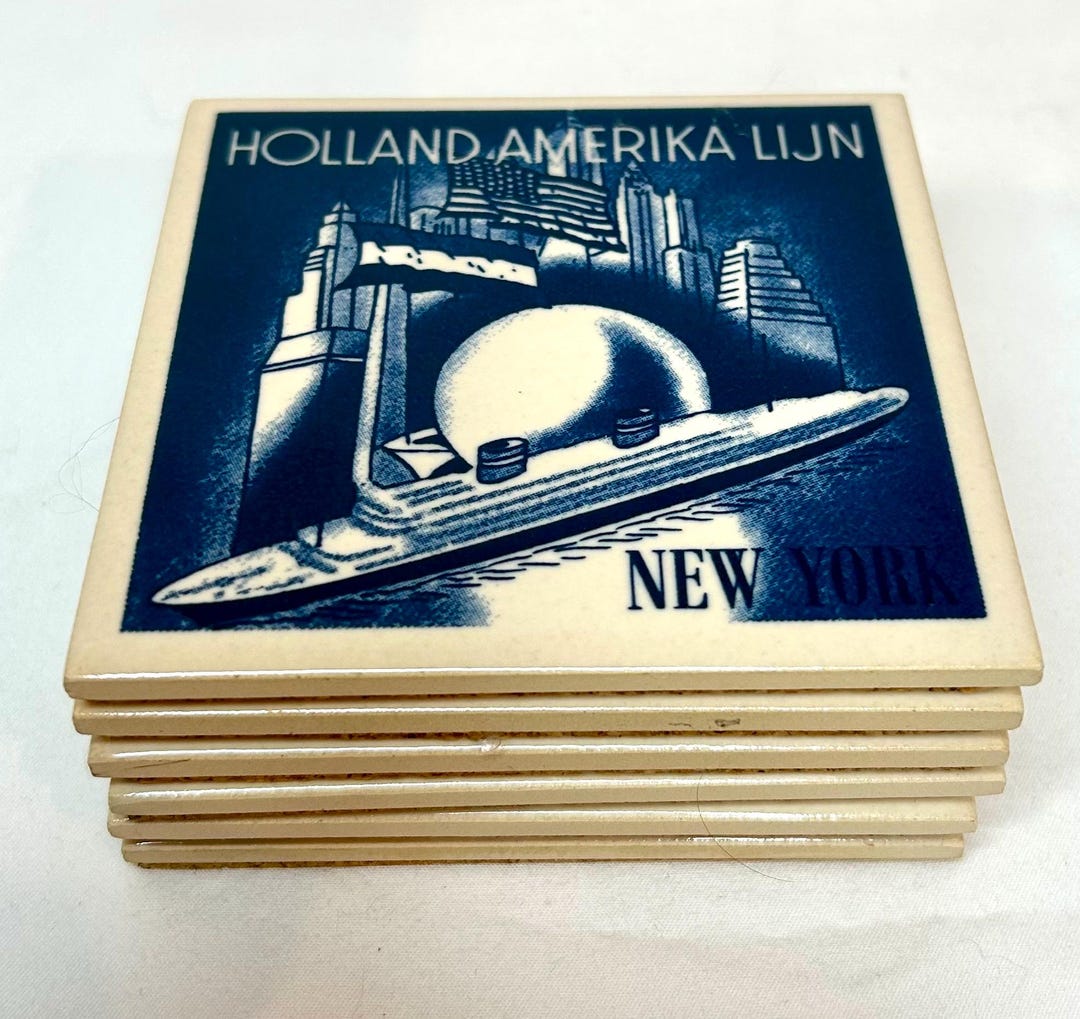 6 Vintage Holland America Line Coasters, Delft Blue Ceramic Tile Set ...