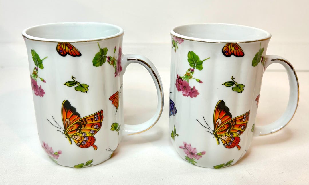 Pair of Royal Elfreda Tea Coffee Cups, Butterflies & Flowers, Fine Porcelain by Allison L L ...