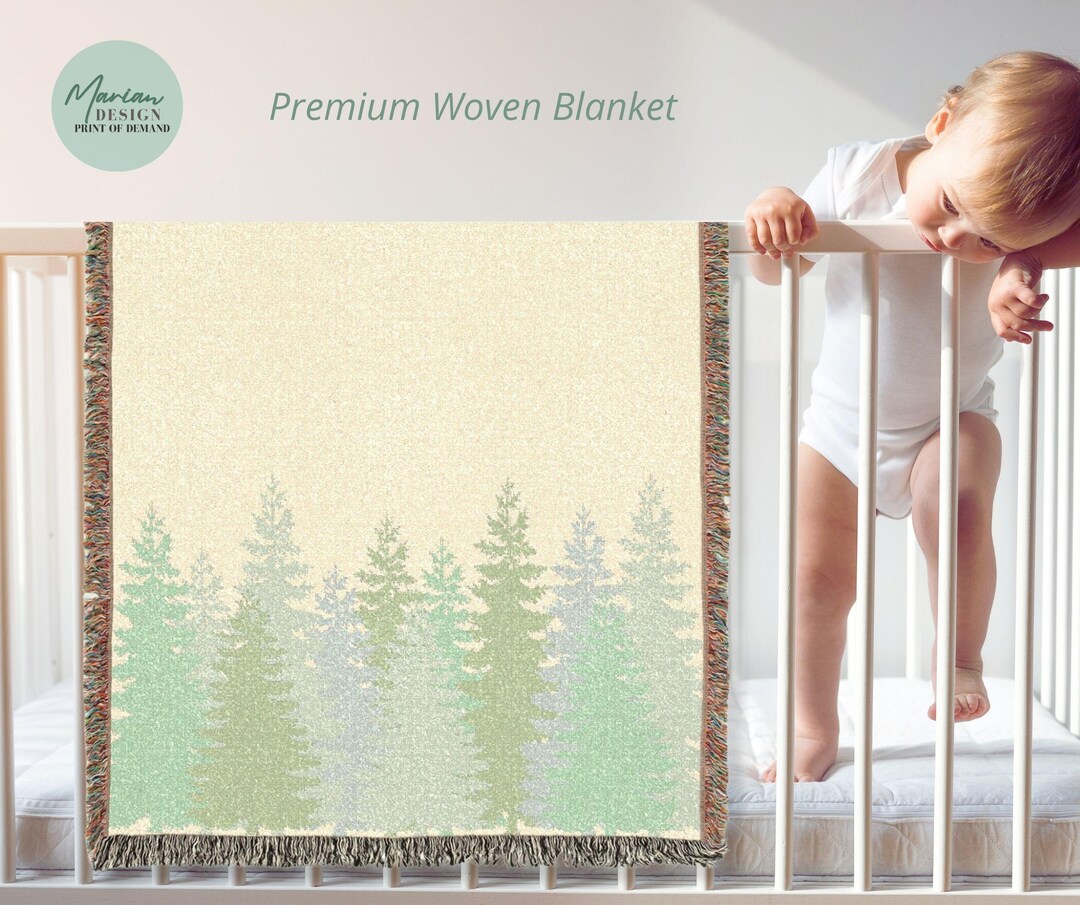 Woven Baby Blanket With Fir Trees, Neutral Forest Nursery Blanket ...