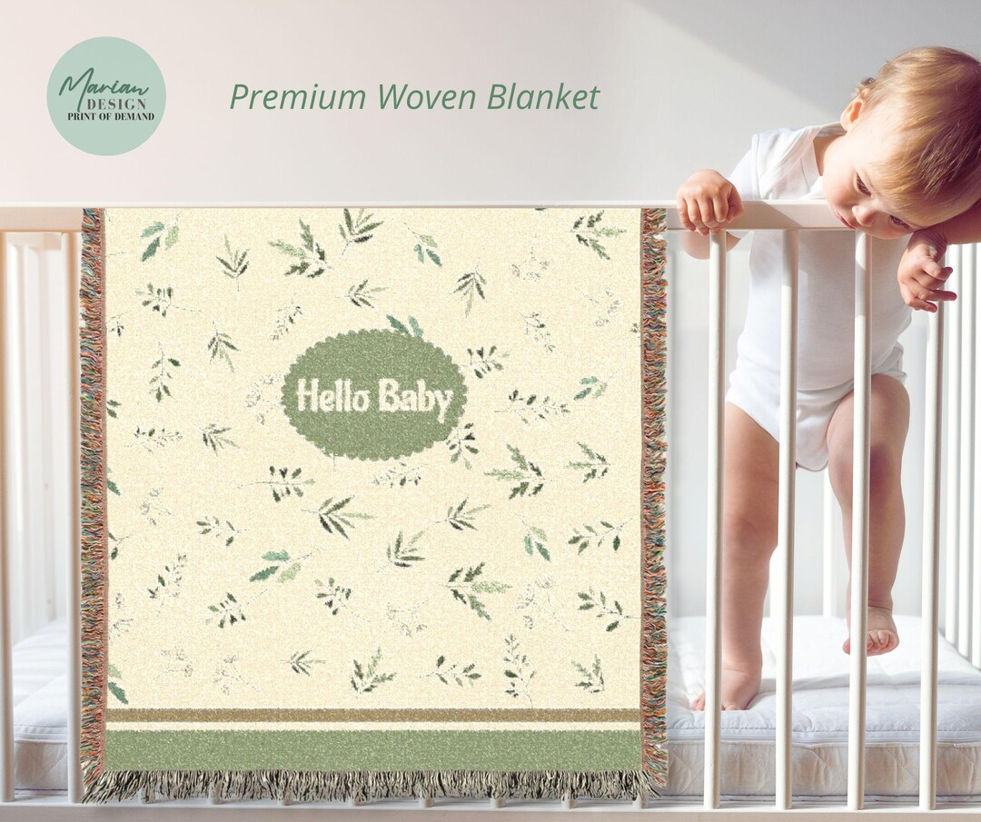 Woven Baby Blanket With Soft Botanical Sprigs in Olive and Brown, Hello ...