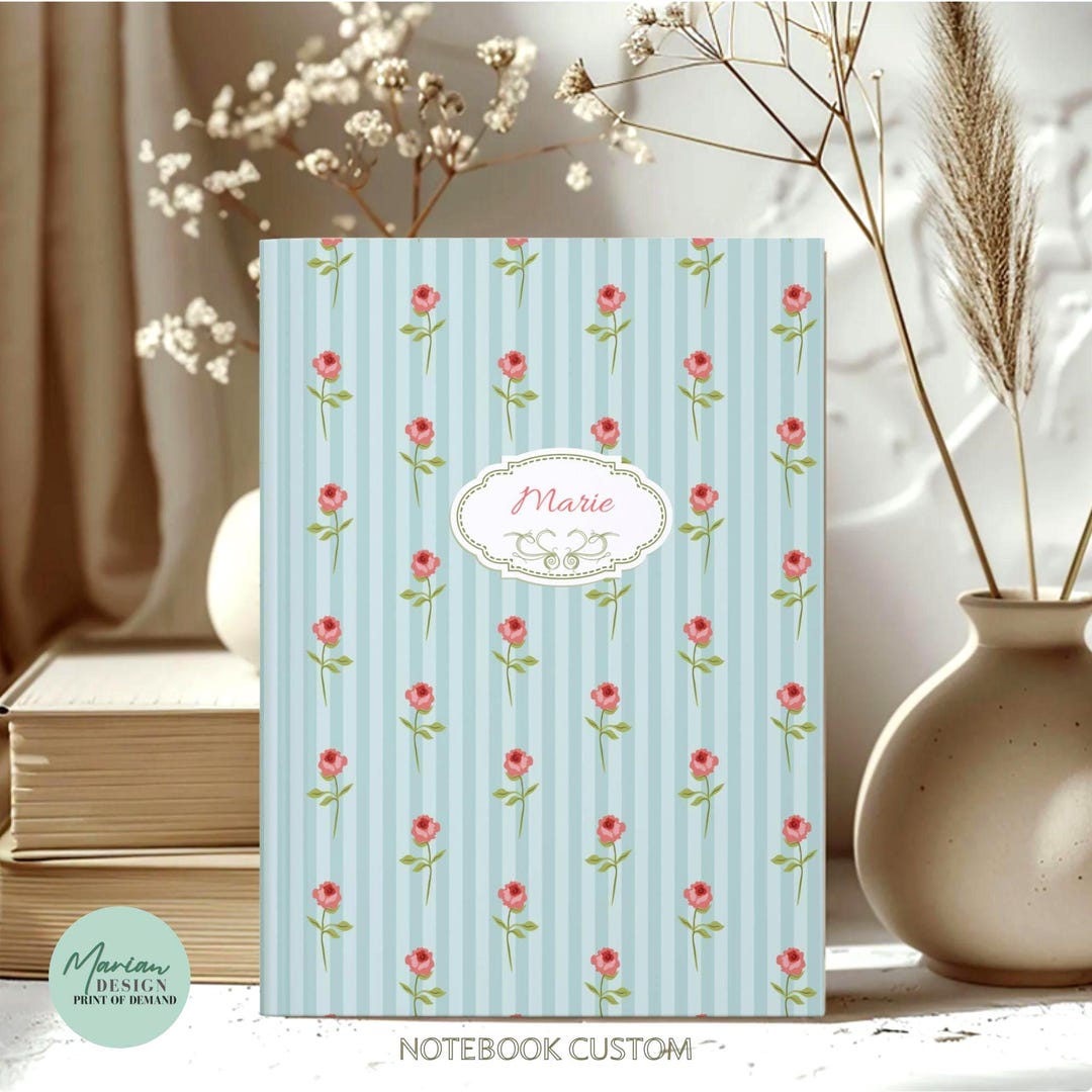 Personalized Blue Floral Notebook, Custom Name Pastel Journal, Cute ...