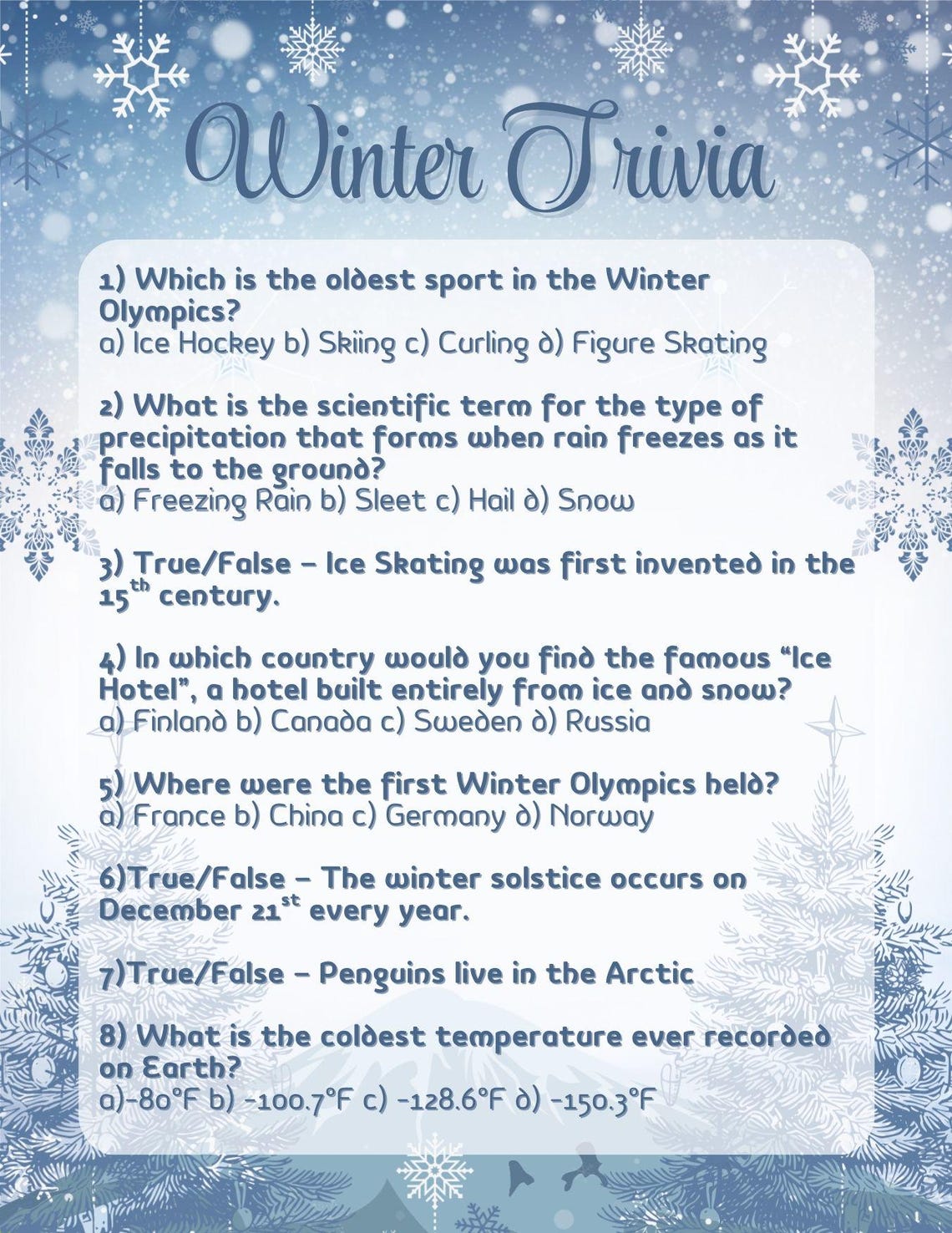 Winter Trivia Game - Etsy
