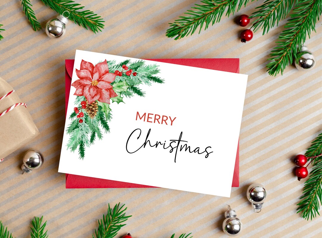 Printable Christmas Card, Poinsettia Card, Printable Greeting Card ...