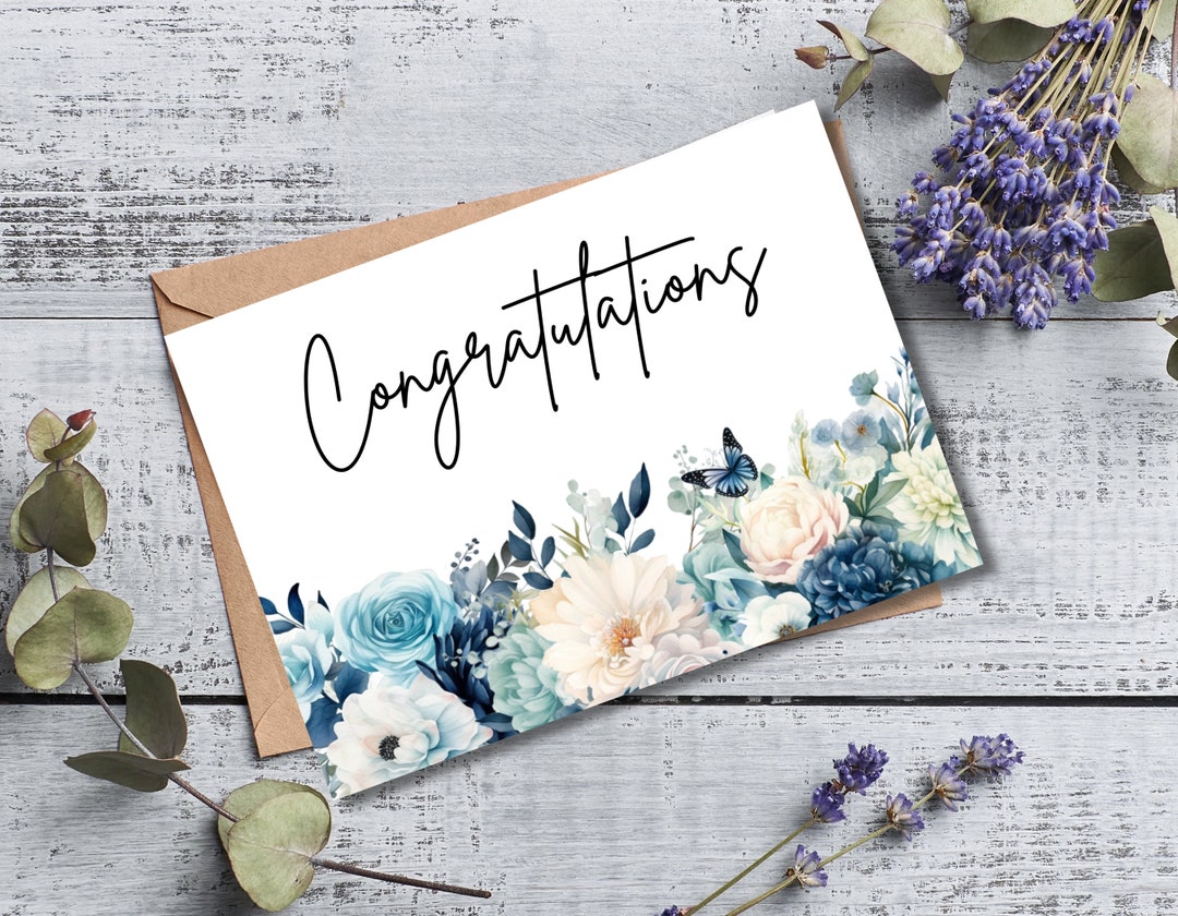 Printable Congratulations Card, Blue Floral Card, Printable Greeting ...