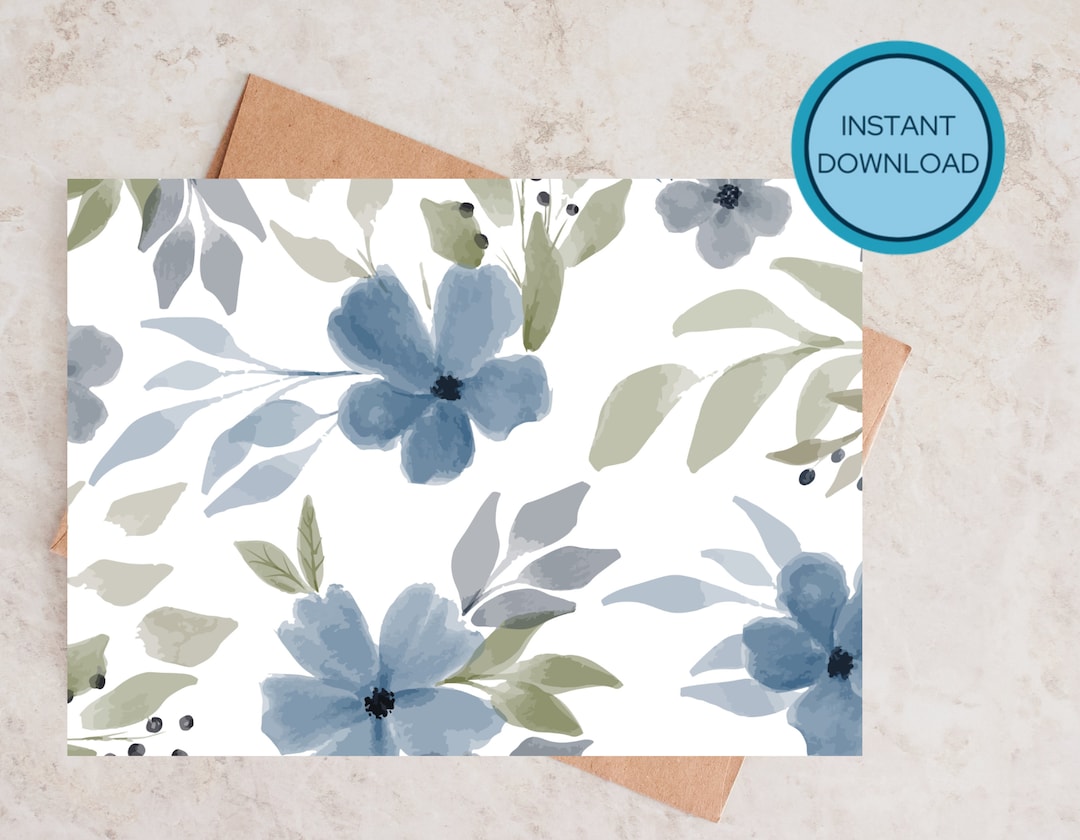 Blue Floral Note Card Printable Note Card Printable Greeting - Etsy