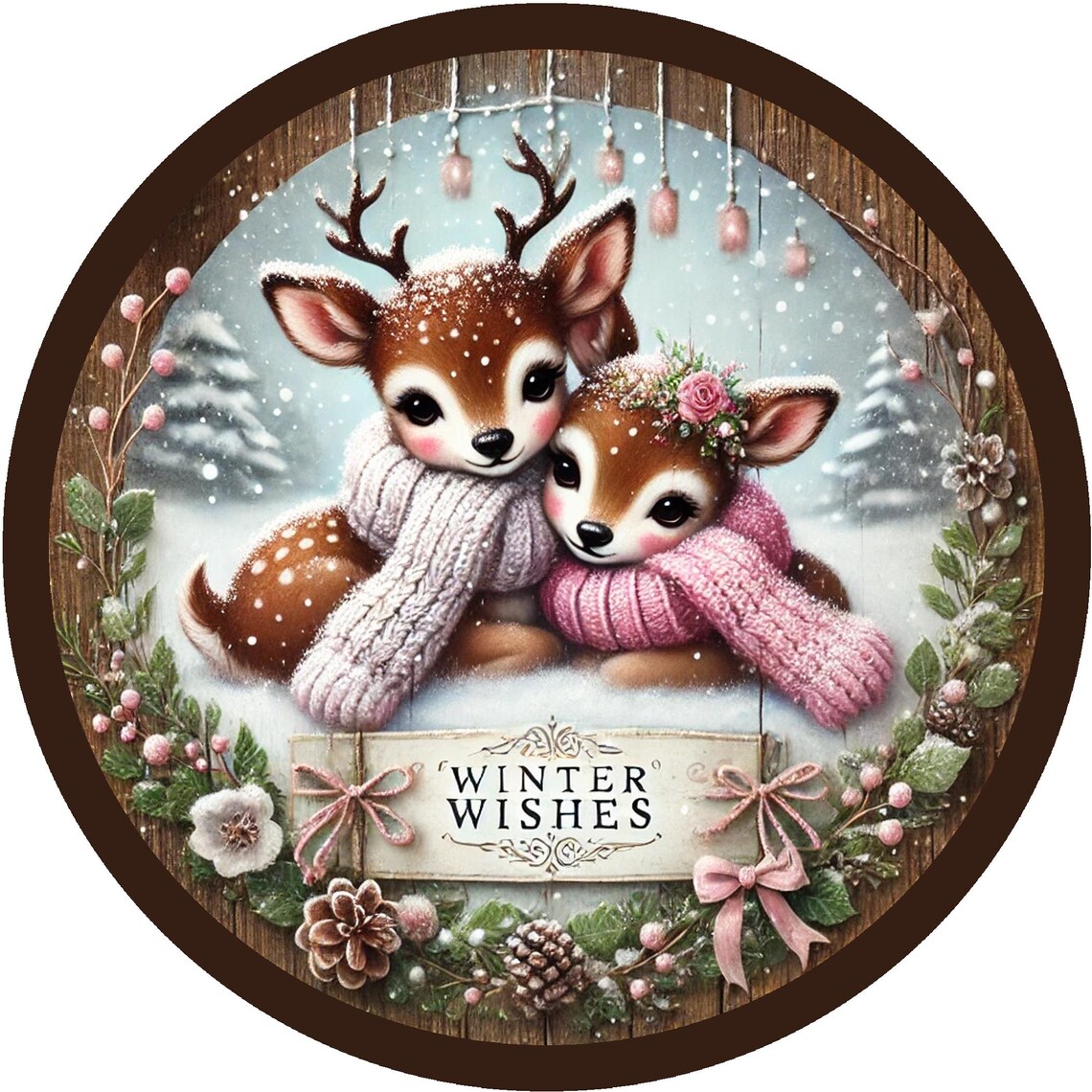 Winter Wishes Deer Couple - Cozy Christmas Round Wooden Sign for Home ...