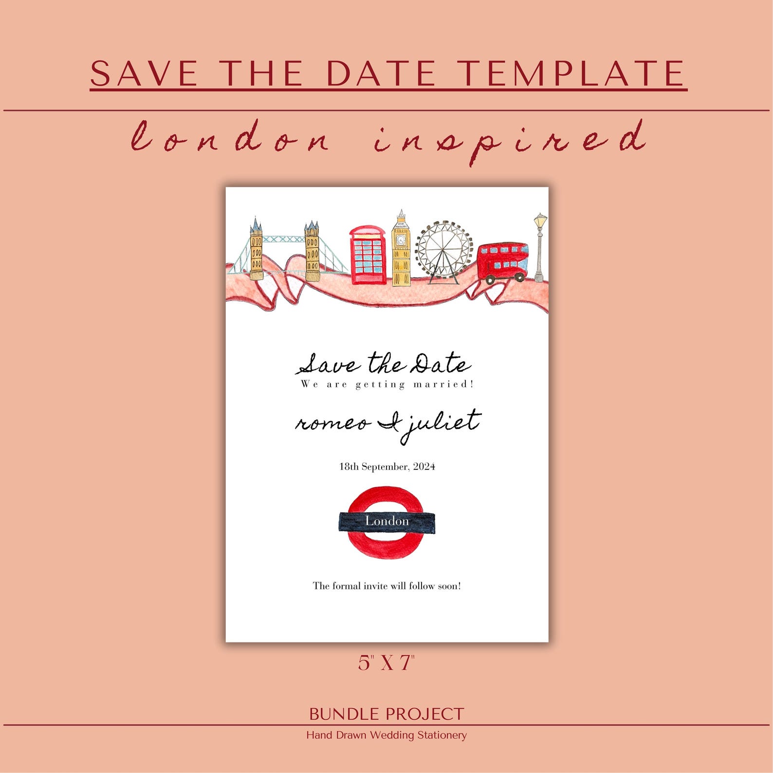 London Inspired Hand Drawn Complete Wedding Stationery | Editable Canva ...