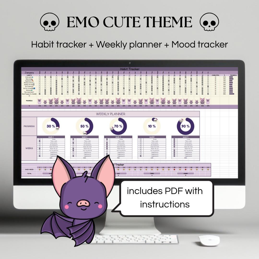 Pastel Goth Habit Tracker Google Sheets | Emo Cute Planner + Mood Tracker | Digital Productivity ...