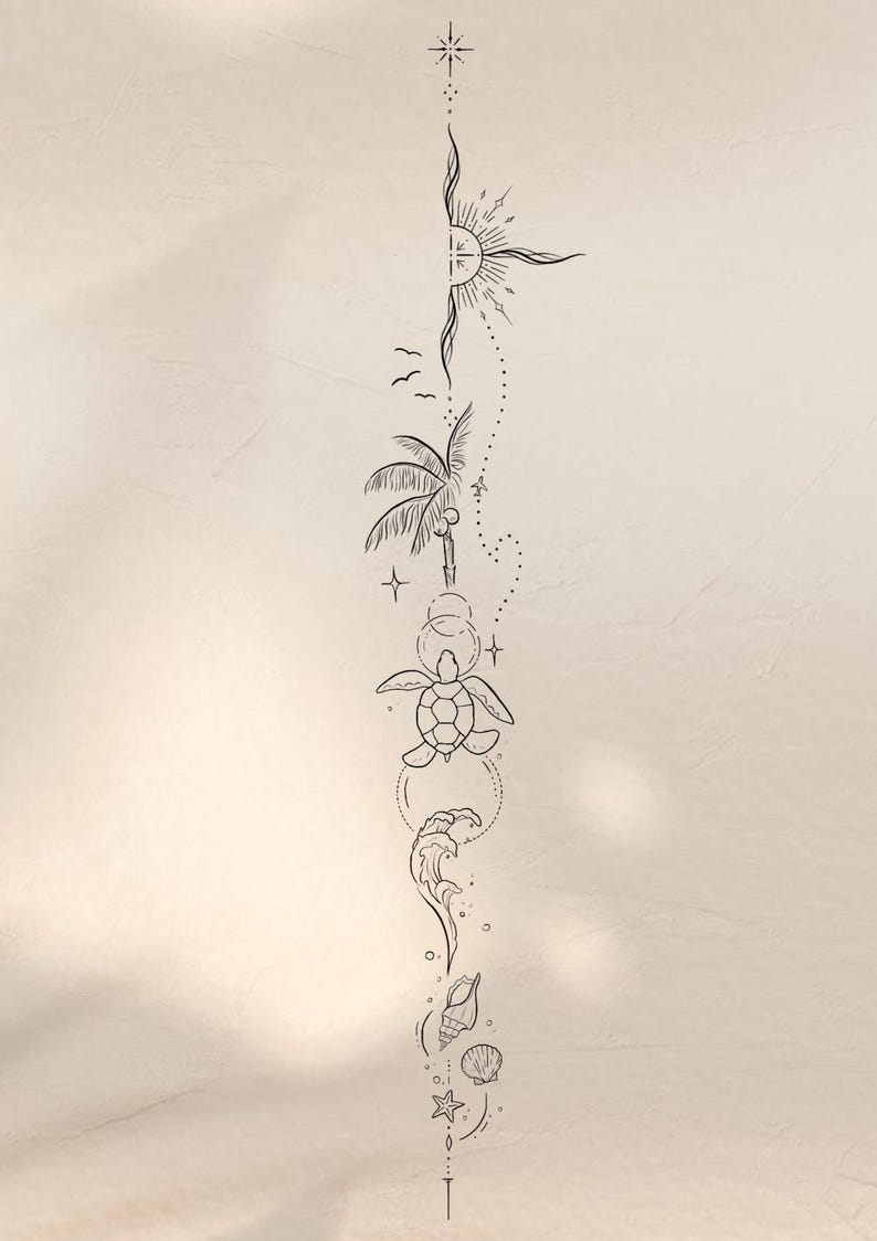 Turtle & Sea Tattoo Design, Fine Line Nature Art Downloadable File - Etsy