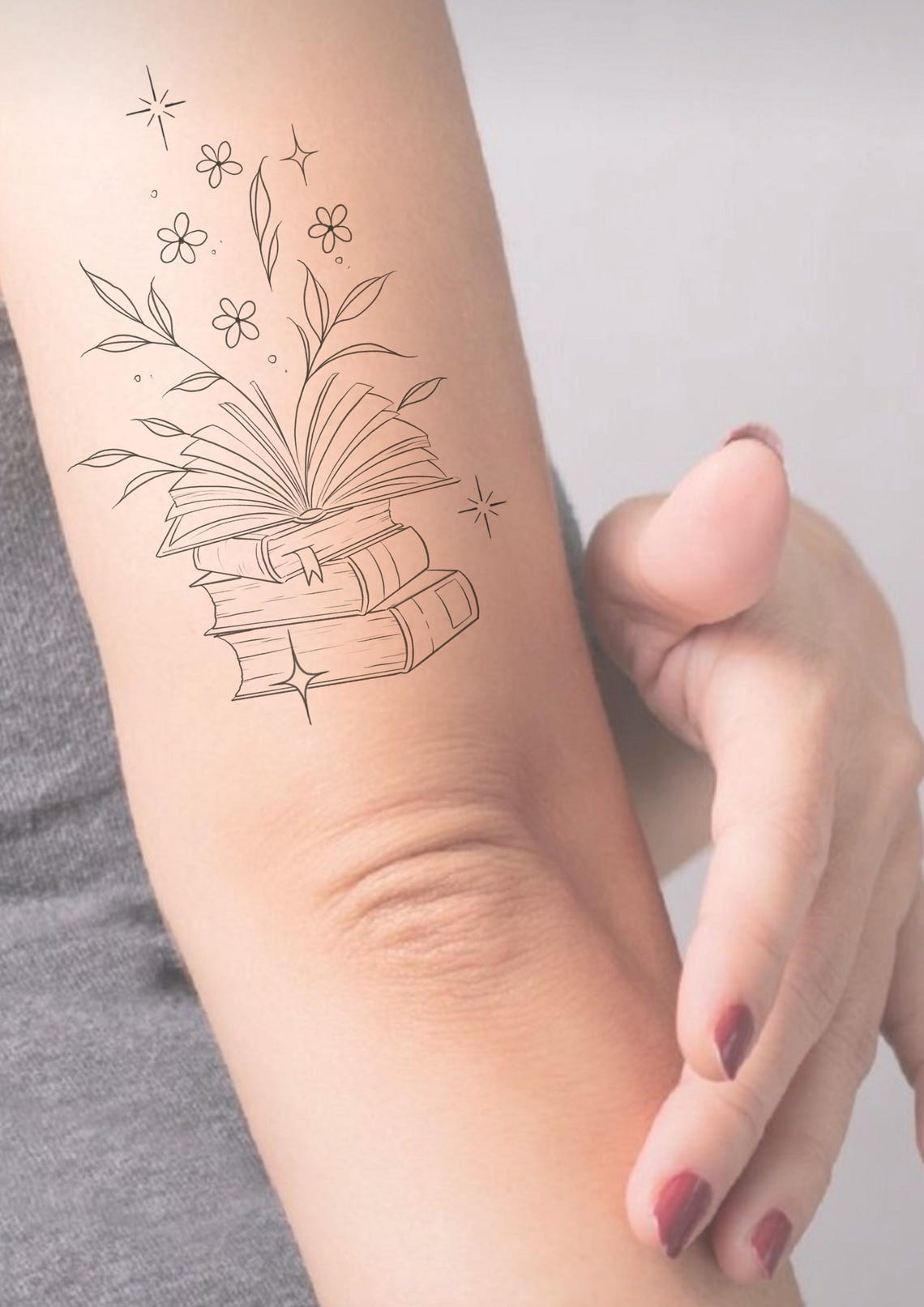 Floral Book Stack Tattoo Design, Fine Line Digital Downloadable Stencil ...