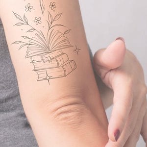 Floral Book Stack Tattoo Design, Fine Line Digital Downloadable Stencil ...