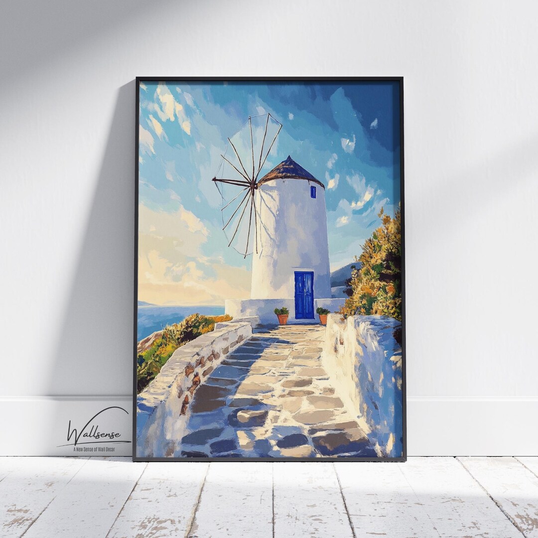 Greek Windmill Digital Wall Art – Whitewashed Coastal Path With Blue ...