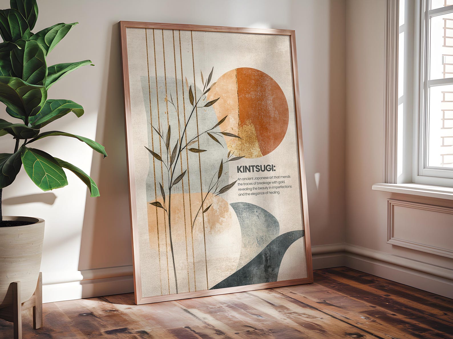 Japanese Kintsugi Digital Art Print, Minimalist Gold Accent ...