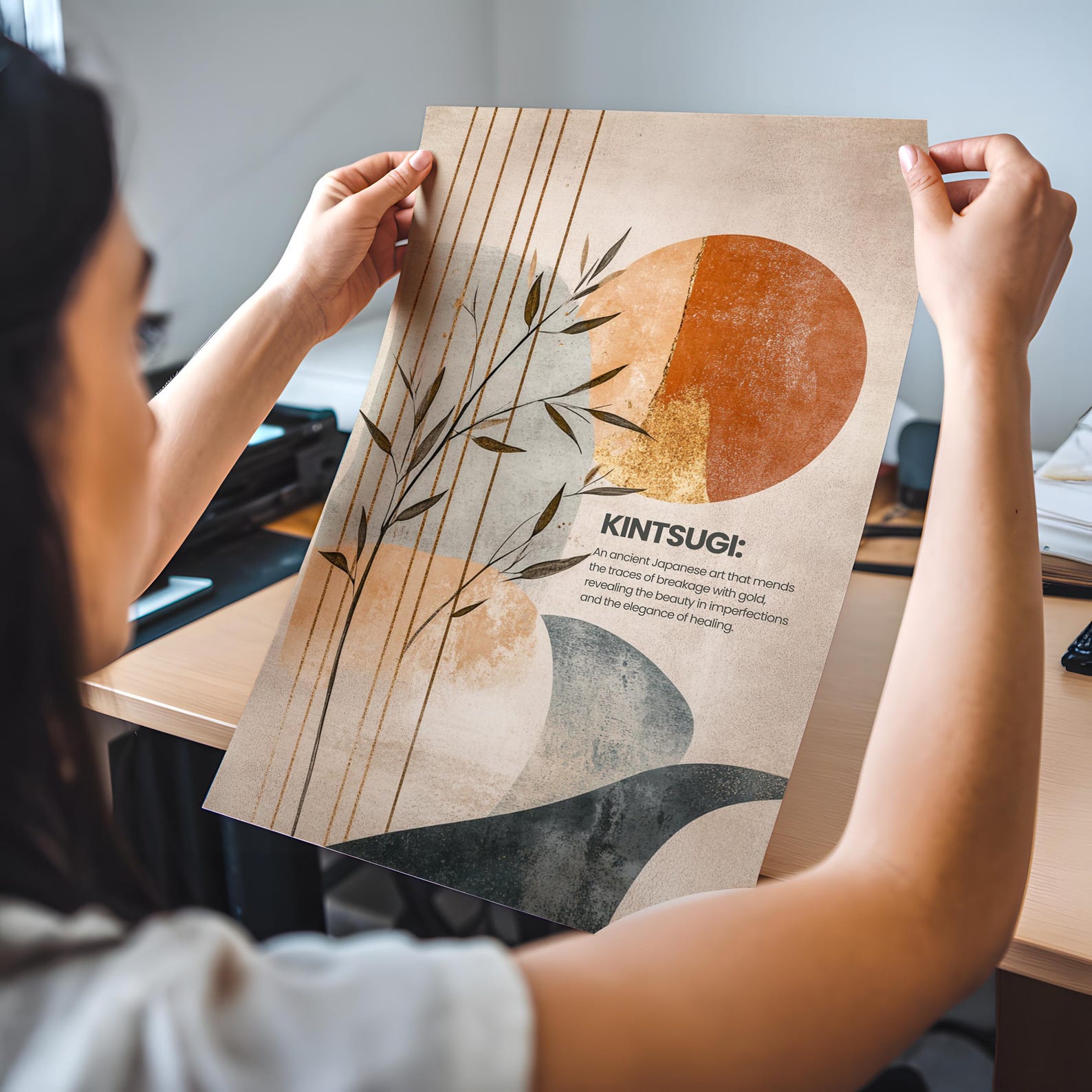 Japanese Kintsugi Digital Art Print, Minimalist Gold Accent ...