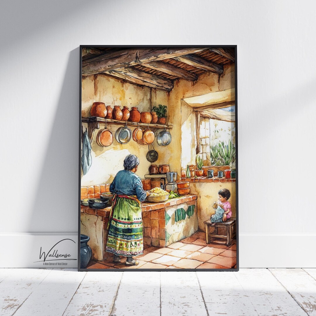 Traditional Mexican Folk Wall Art, Rustic Watercolor Kitchen Decor ...