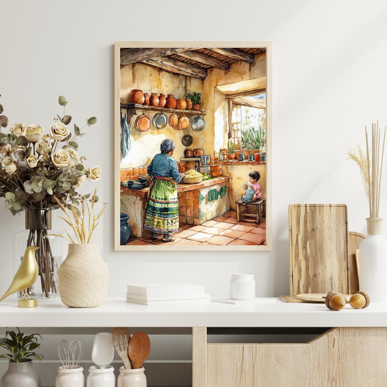 Traditional Mexican Folk Wall Art, Rustic Watercolor Kitchen Decor ...