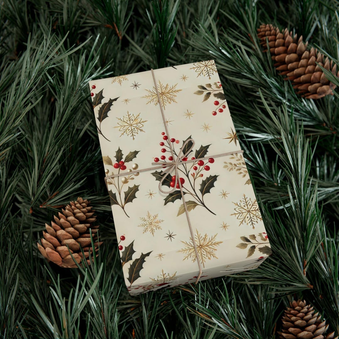 Holly and Snowflake Christmas Wrapping Paper With Gold Accents Festive ...