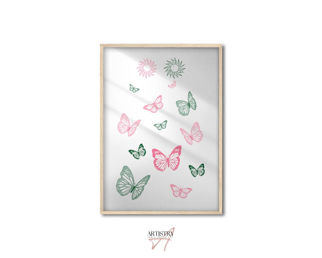 Pink and Green Butterfly Poster Print • Butterfly and Sun Wall Art ...