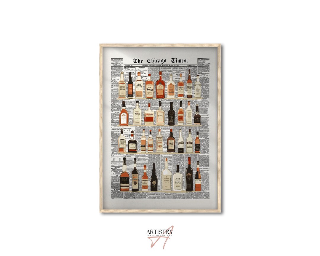 Bar Art Print • Vintage Alcohol Poster • Bar Cart Wall Art • Newspaper ...