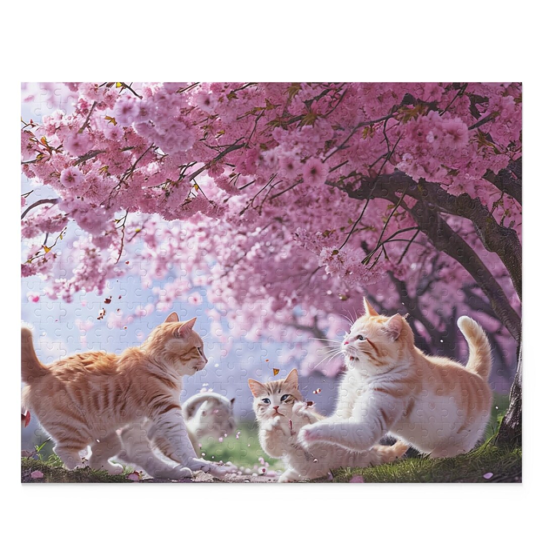 Puzzle, Cats Playing Under a Cherry Blossom Tree, 252-piece Jigsaw, Cat ...