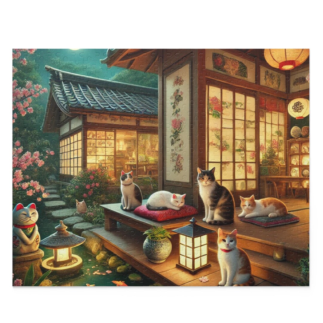 Jigsaw Puzzle (500-piece): Cat Cafe Night Scene With Cherry Blossoms ...