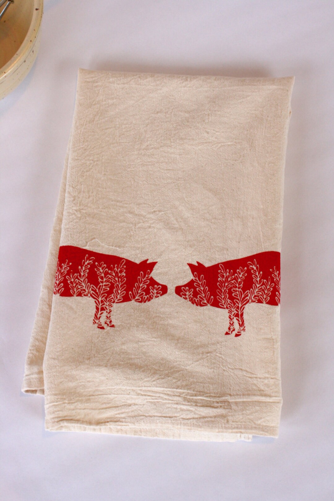 Pig Flour Sack Towel, Hand Printed, Red, Cotton - Etsy