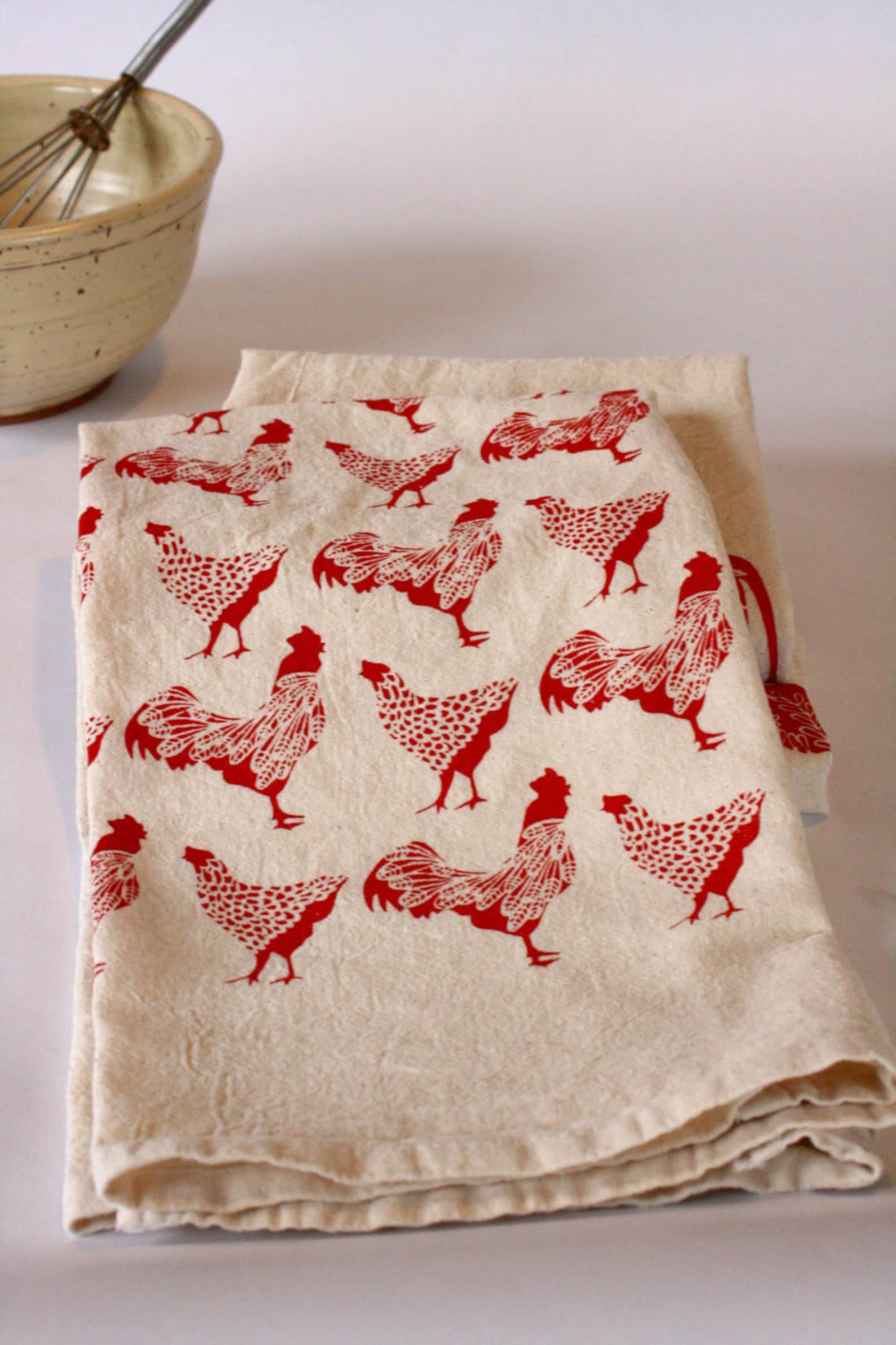 Chicken Kitchen Towel, Handprinted Kitchen Towel, Hen and Rooster ...