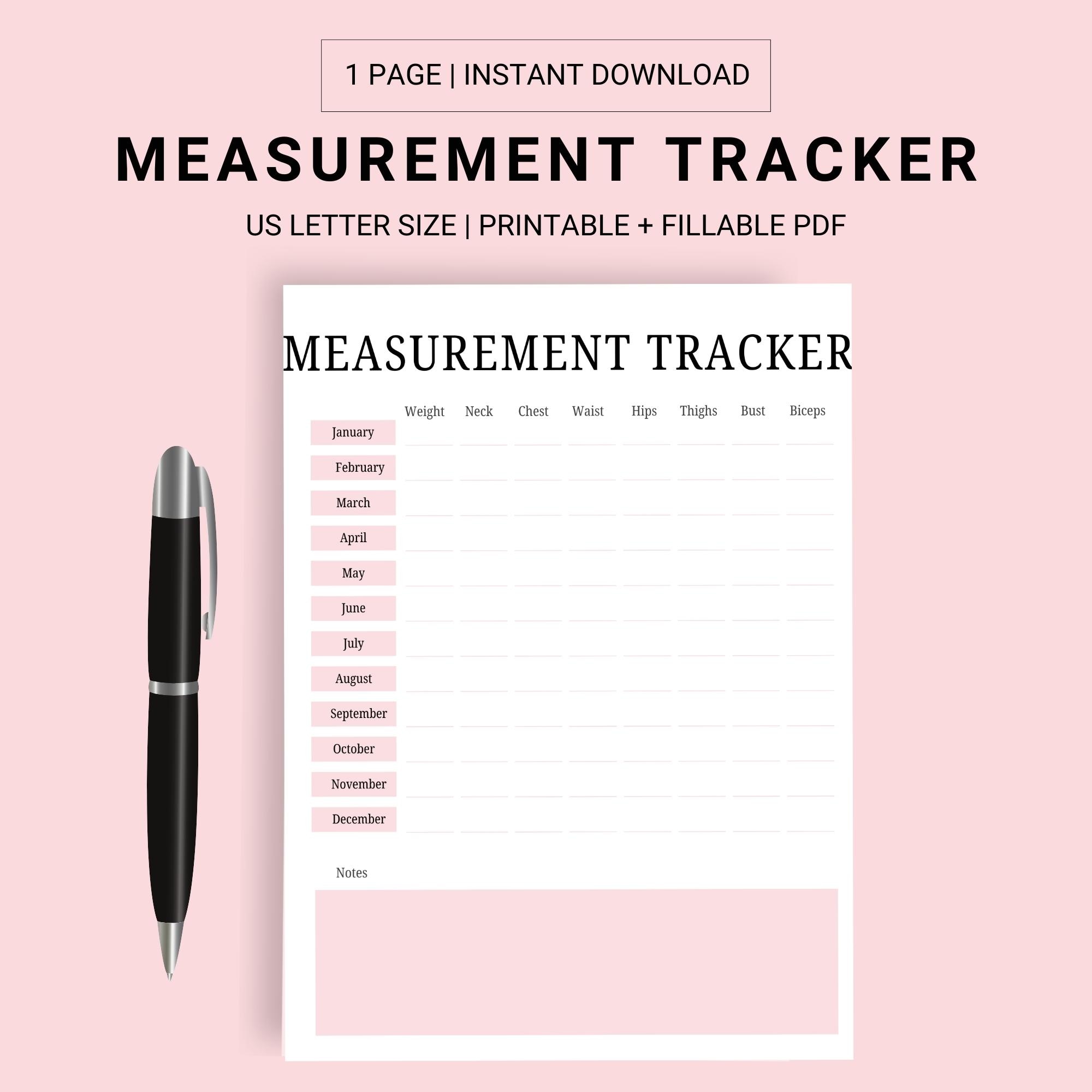 PRINTABLE MEASUREMENT TRACKER, Fillable Body Measurement Log, Fitness ...
