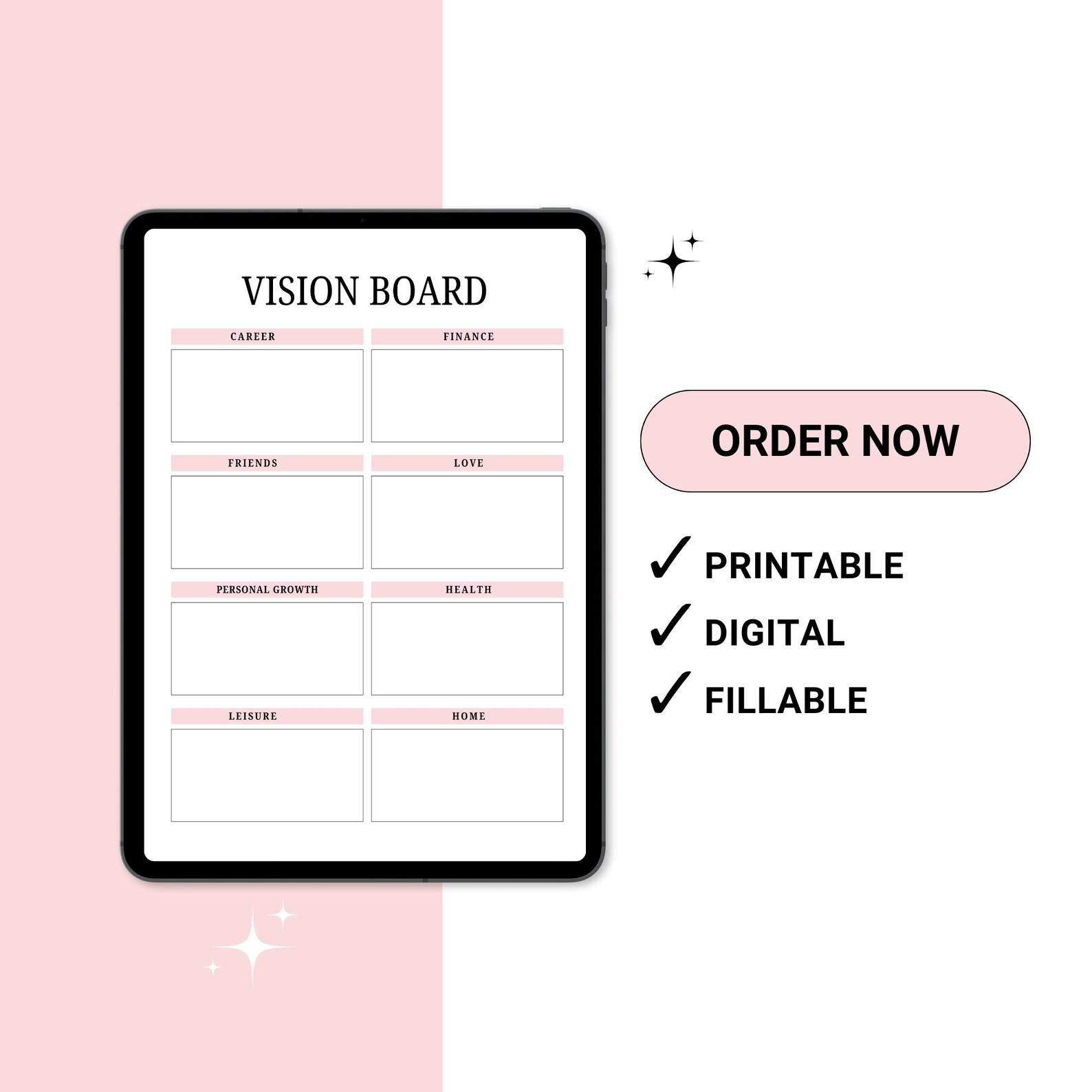 VISION BOARD TEMPLATE, Digital Vision Board Planner, Fillable Vision ...